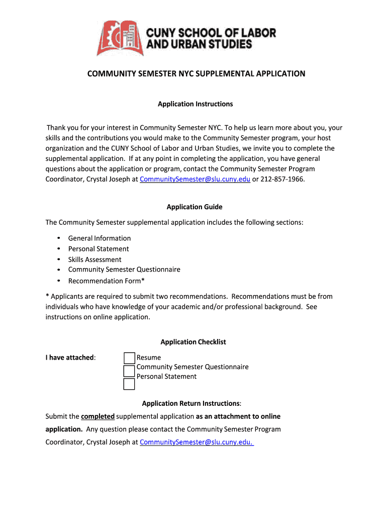 Fillable Online community semester nyc supplemental application - CUNY ...