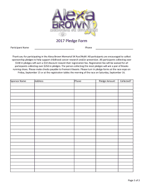 Fillable Online 2017 Pledge Form - Alexa Brown Memorial 5K Run/Walk Fax ...