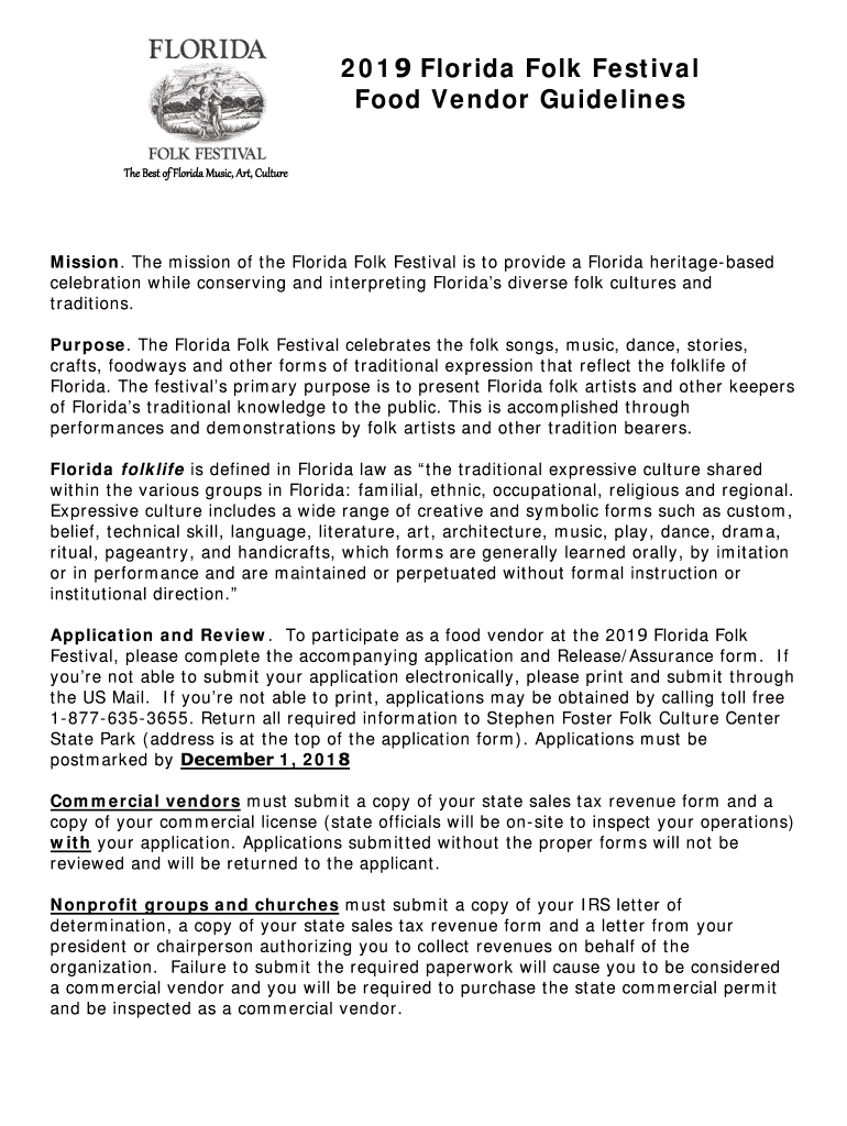 Fillable Online 2019 Florida Folk Festival Food Vendor Guidelines ...