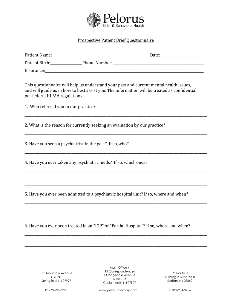 Fillable Online Prospective Patient Brief Questionnaire Fax Email Print ...