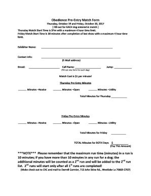 Fillable Online Obedience Pre-Entry Match Form - Calcasieu Kennel Club ...