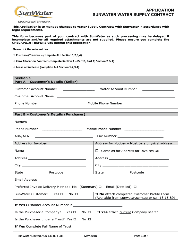 Fillable Online Application for Water Supply Contract. Application for ...