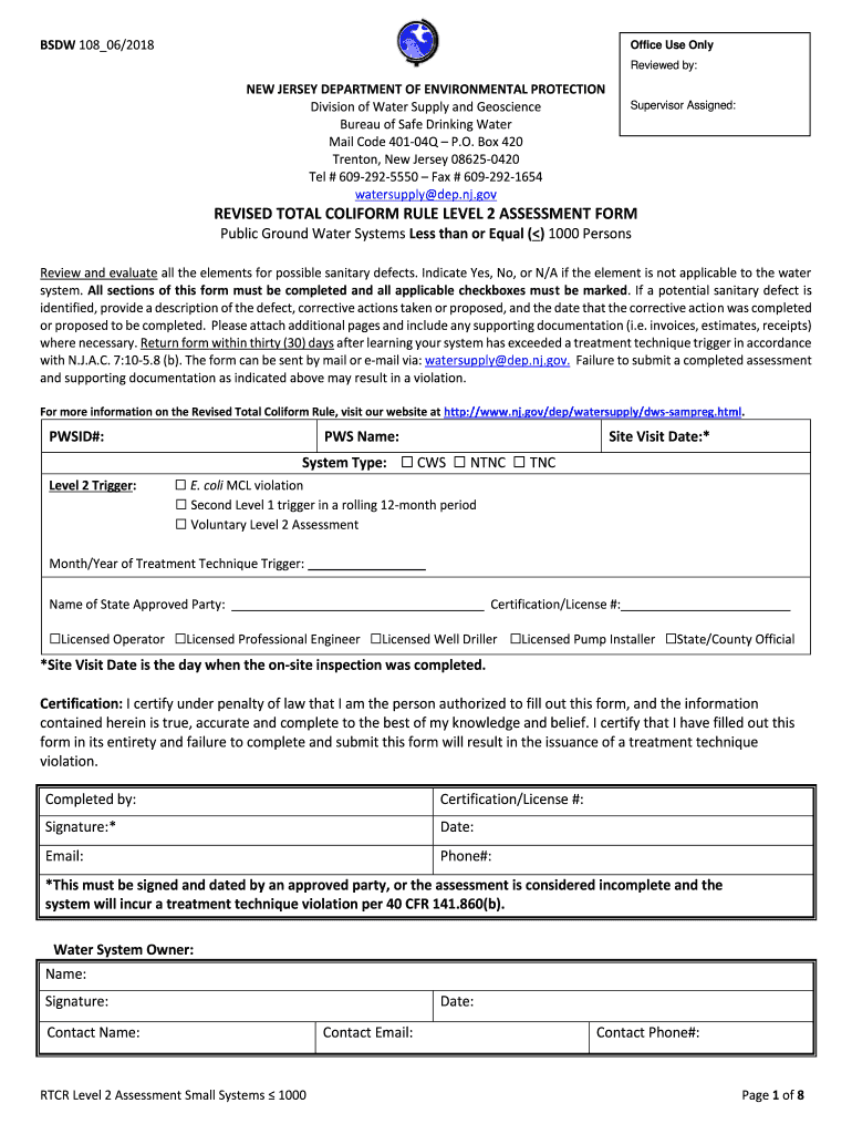 Revised total coliform rule level 2 assessment form - State of: Fill ...