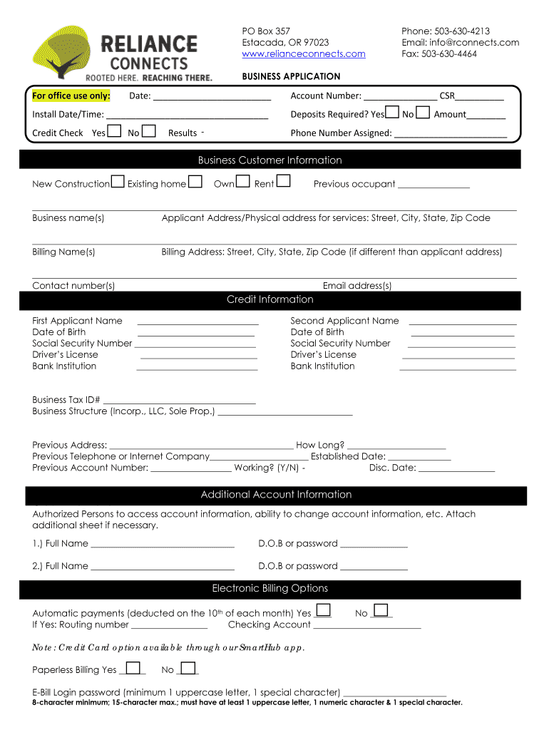Fillable Online Credit Information Business Customer ... - Reliance Connects Fax Email Print ...