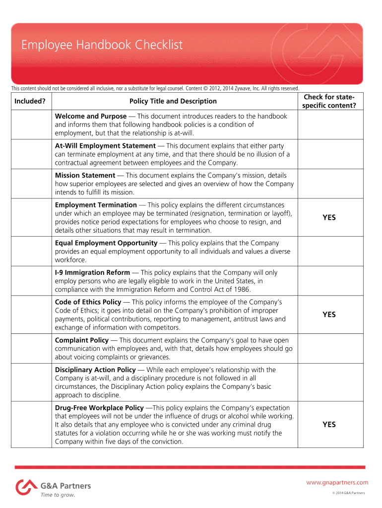 Fillable Online Employee Handbook ChecklistG&A Branded.docx Fax Email ...