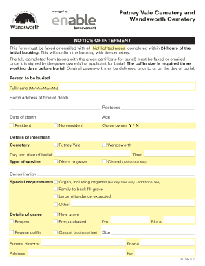 Fillable Online Notice of interment - Putney Vale and Wandsworth ...