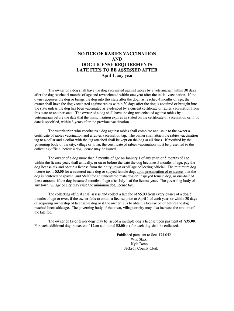 Fillable Online NOTICE OF RABIES VACCINATION AND DOG ... - Jackson ...