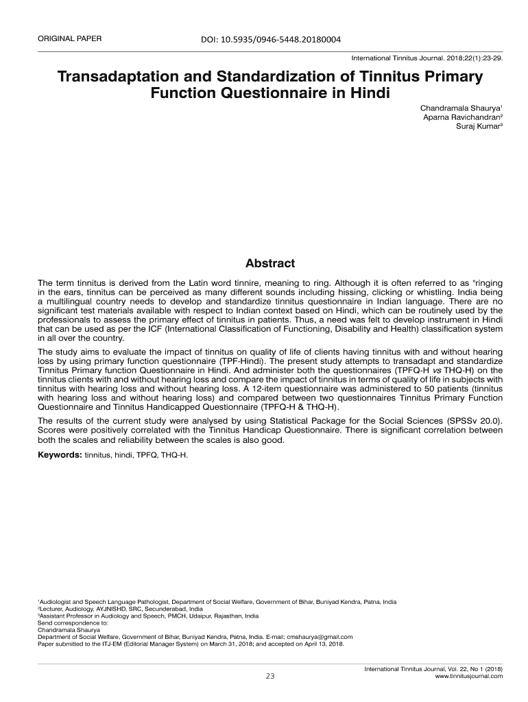 Fillable Online The tinnitus functional index: development of a new ...
