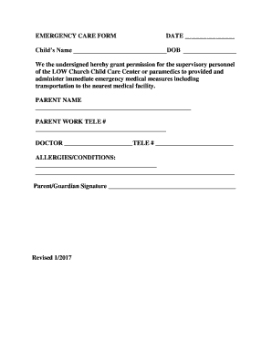Fillable Online EMERGENCY CARE FORM DATE Child's Name Fax Email Print ...