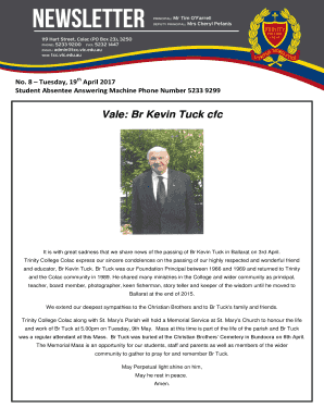 Fillable Online Vale: Br Kevin Tuck cfc - Trinity College - Colac Fax ...