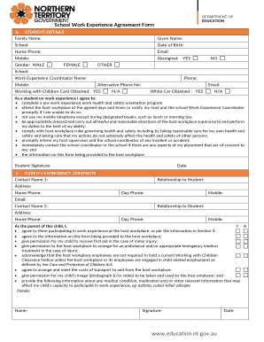Fillable Online education nt gov School Work Experience Agreement Form ...
