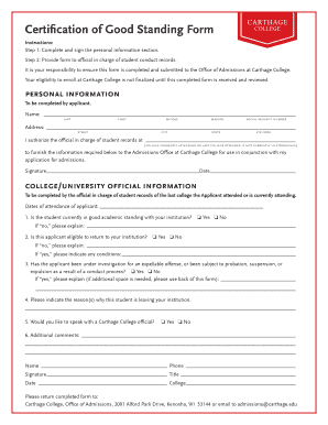 Fillable Online Certification of Good Standing Form - Carthage College ...