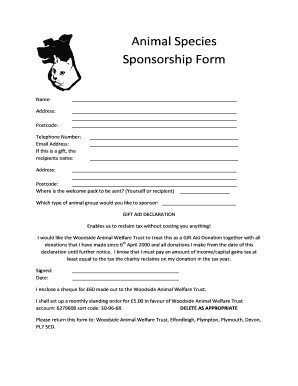Fillable Online Animal Species Sponsorship Form - Woodside Sanctuary ...