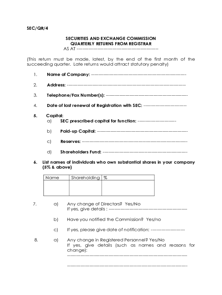 Fillable Online sec gov Quarterly Returns Form for Capital Market ...