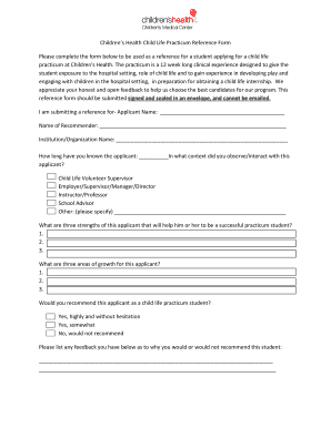 Fillable Online Childrens Health Child Life Practicum Reference Form ...