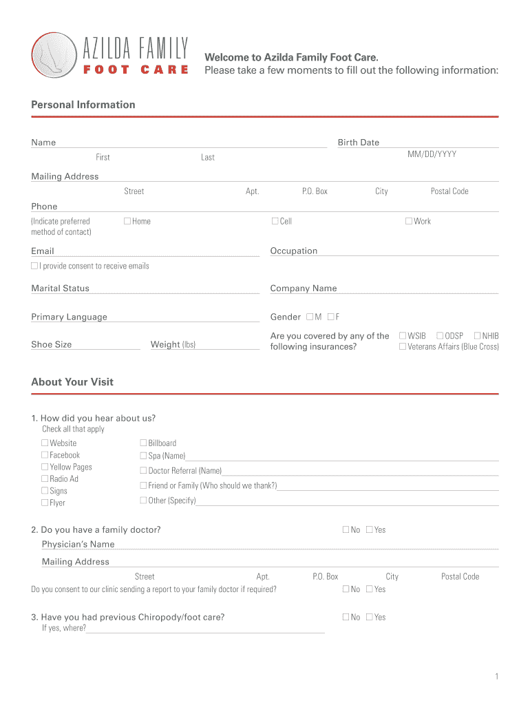 Fillable Online Azilda Family Foot Care. Please take a few moments to ...