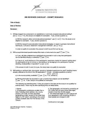 Fillable Online IRB REVIEWER CHECKLIST EXEMPT RESEARCH Fax Email Print ...