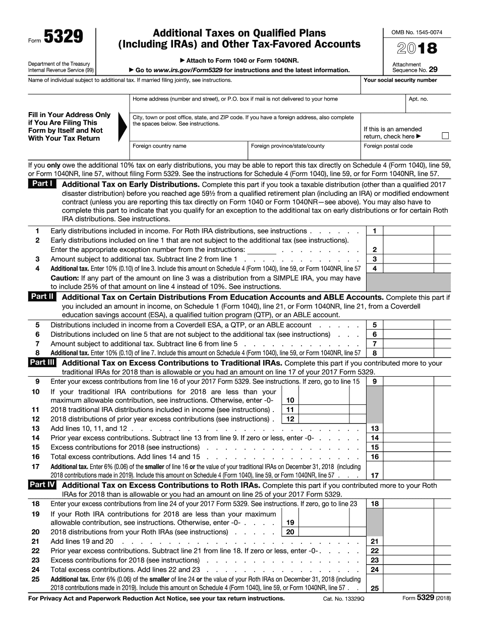 IRS Form 5329 2018 2019 Printable Fillable Sample In PDF