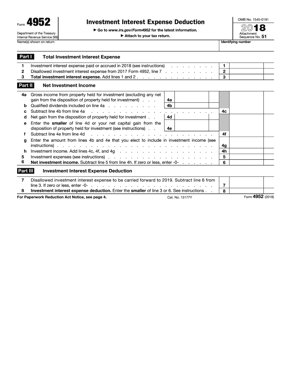 Fillable IRS Form 4952 2018 2019 Online PDF Template