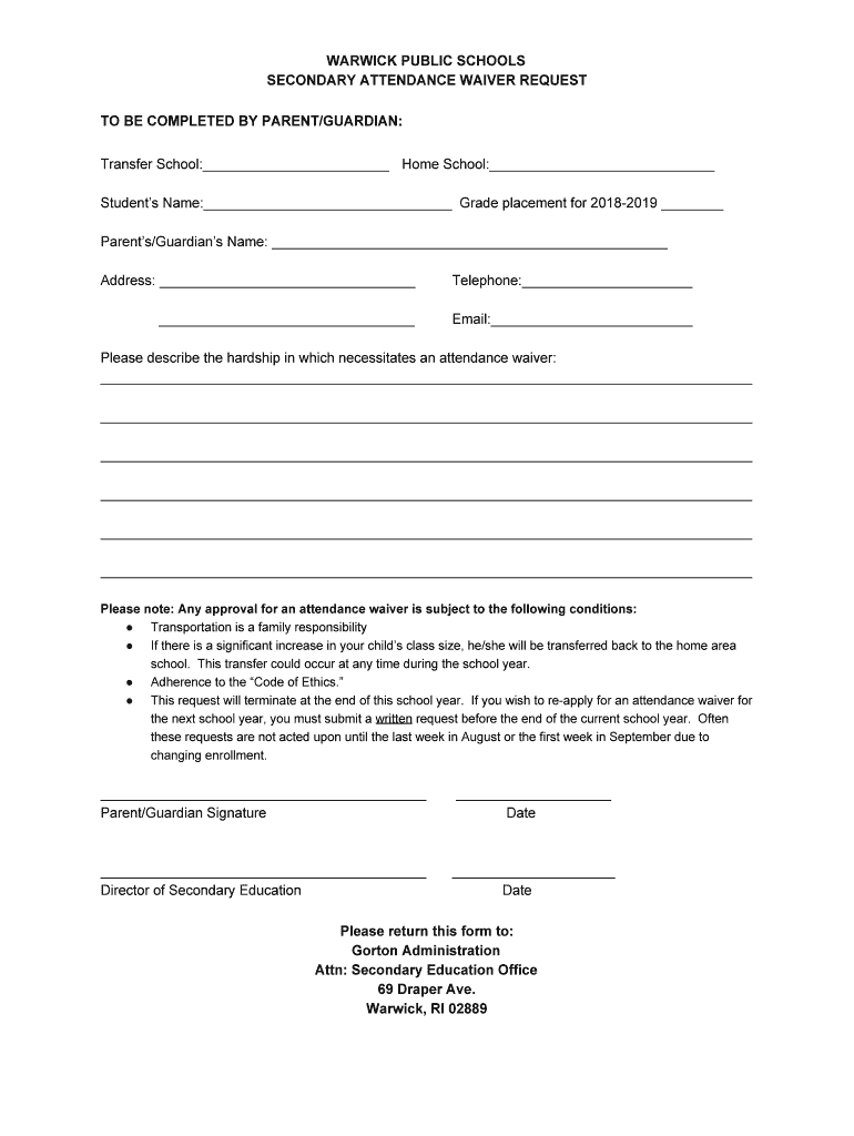 Fillable Online SECONDARY ATTENDANCE WAIVER REQUEST Fax Email Print ...