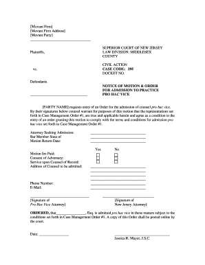 Fillable Online Notice of Motion and Order for Admission PRO HAC VICE ...