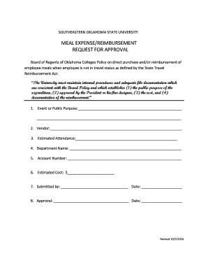 Fillable Online MEAL EXPENSE/REIMBURSEMENT Fax Email Print - pdfFiller