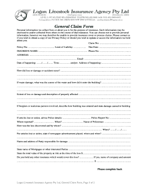 Fillable Online General Claim Form - Logan Livestock Insurance Fax ...
