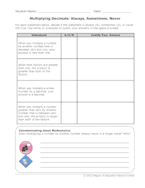 Fillable Online Multiplying Decimals: Always, Sometimes, Never Fax ...