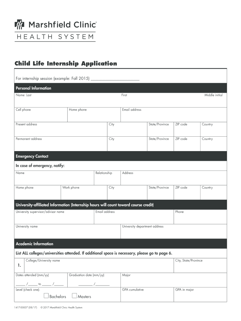 Fillable Online Child Life Internship Application - Marshfield Clinic Fax Email Print - pdfFiller