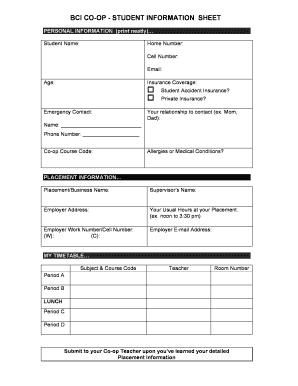 Fillable Online BCI Co-op Student Information Sheet.doc Fax Email Print - pdfFiller