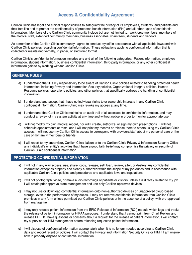 Fillable Online Access & Confidentiality Agreement - Carilion Clinic ...