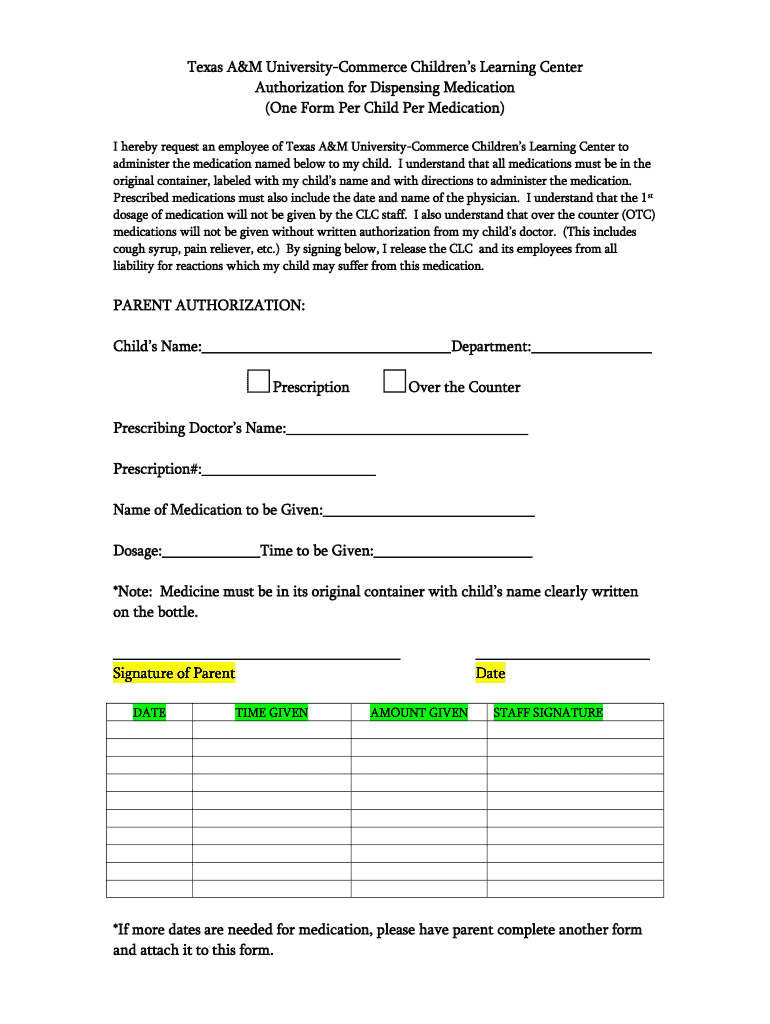 Fillable Online Authorization for Dispensing Medication - Texas A&M ...