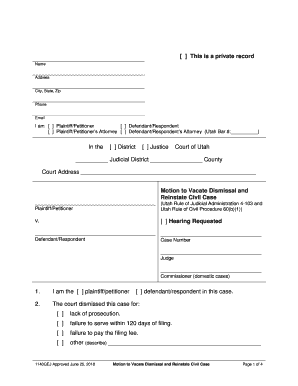 Fillable Online Motion to Vacate Dismissal and Reinstate Civil Case Fax ...