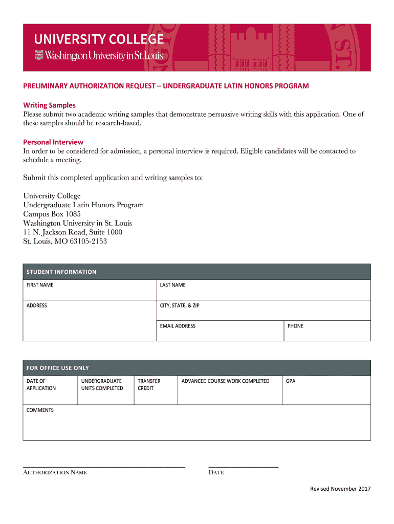 Fillable Online ucollege wustl Latin Honors Preliminary Authorization ...