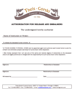 Fillable Online AUTHORIZATION FOR RELEASE AND EMBALMING The ... Fax ...