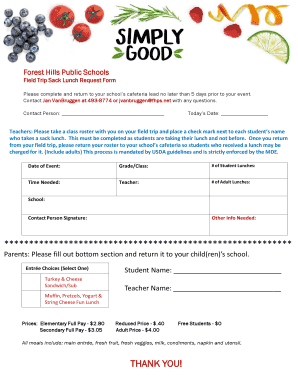 Fillable Online K12 Sack Lunch form Fax Email Print - pdfFiller