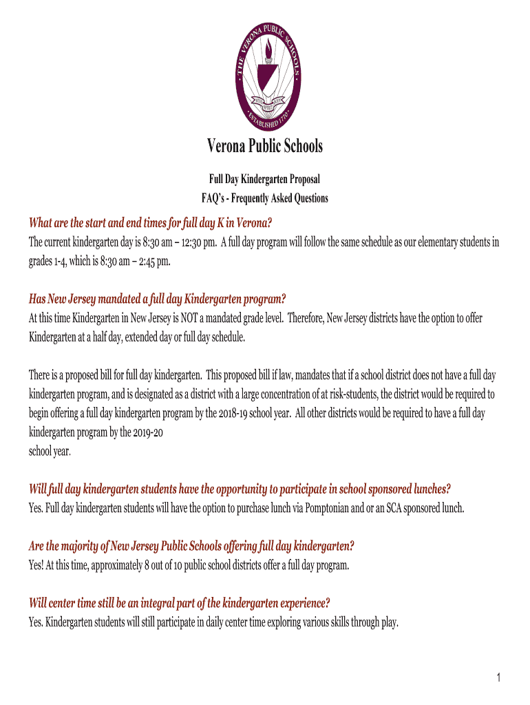 Fillable Online (FAQ Sheet) - Full Day Kindergarten - Verona Public Schools Fax Email Print ...