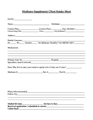 Fillable Online Medicare Supplement Client Intake Sheet - Gordon ...