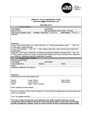Fillable Online SMMA IN YEAR ADMISSIONS FORM Fax Email Print - pdfFiller