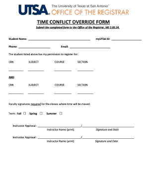 Fillable Online time conflict override form - UTSA One Stop Fax Email ...