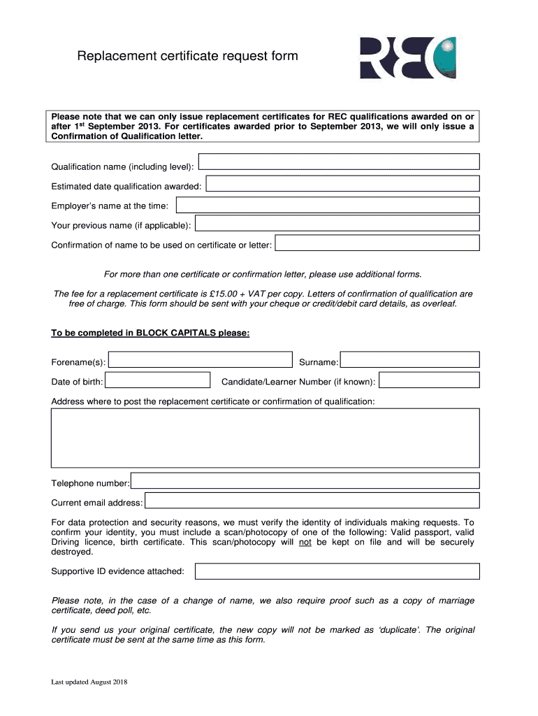 Fillable Online Replacement certificate request form 2018 - Recruitment ... Fax Email Print ...