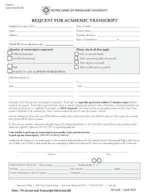 Fillable Online request for academic transcript - Notre Dame of ...