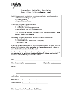 Fillable Online IRWA Request form for Recert Credit for Events revised ...