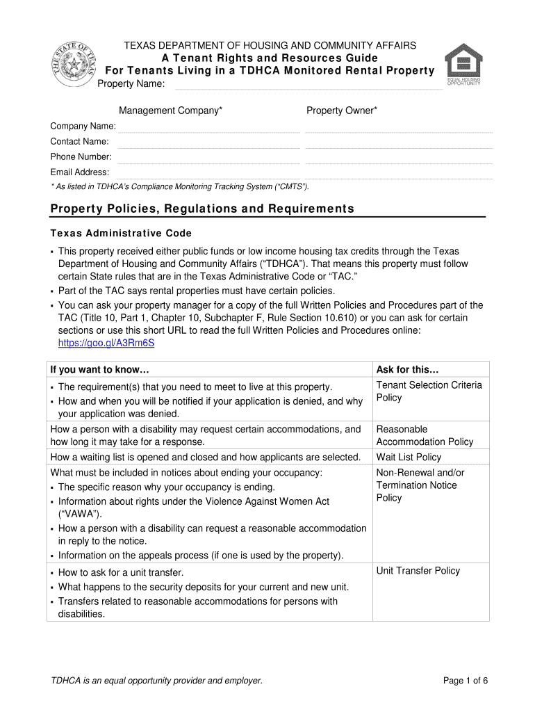 Fillable Online TDHCA Tenant Rights and Resources Guide - The Villages ...