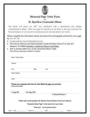 Fillable Online Memorial Page Order Form St. Spyridon Centennial Album ...