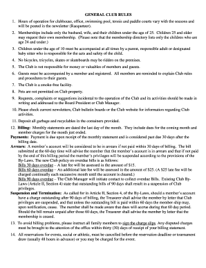 Fillable Online GENERAL CLUB RULES 1. Hours of operation for clubhouse ...