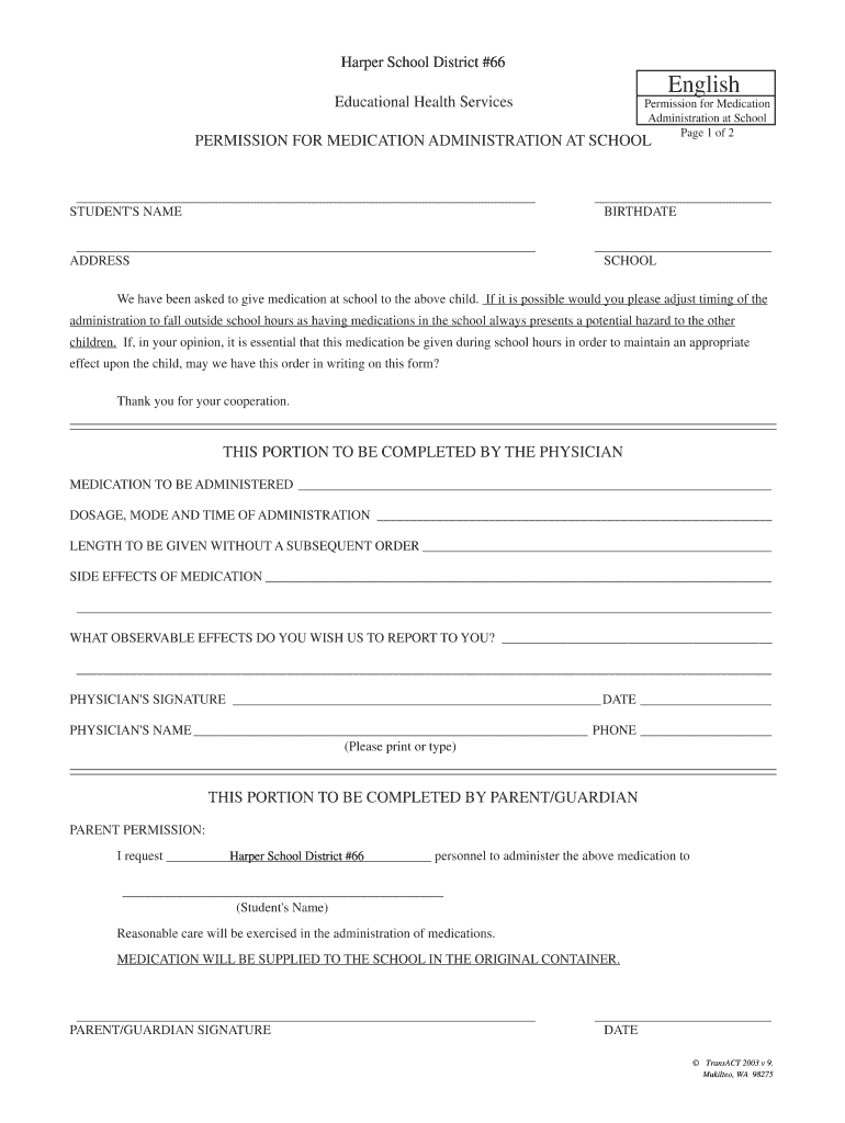 Fillable Online harper k12 or English - Medication Administration at School, Permission for Fax ...