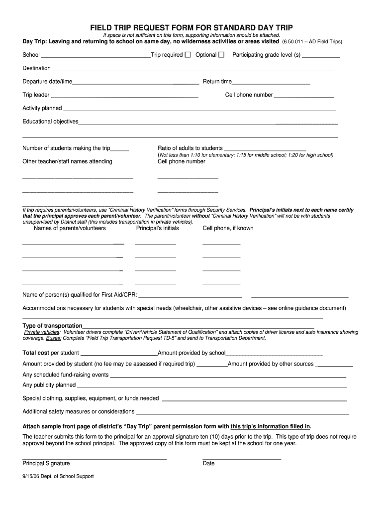Fillable Online FIELD TRIP APPROVAL REQUEST FORM Fax Email Print ...