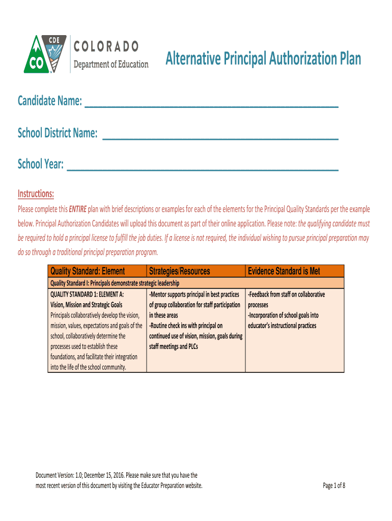 Fillable Online Alternative Principal Authorization Plan - Colorado Department of ... Fax Email ...