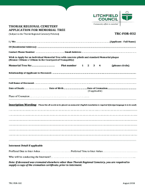 Fillable Online thorak regional cemetery application for memorial ...